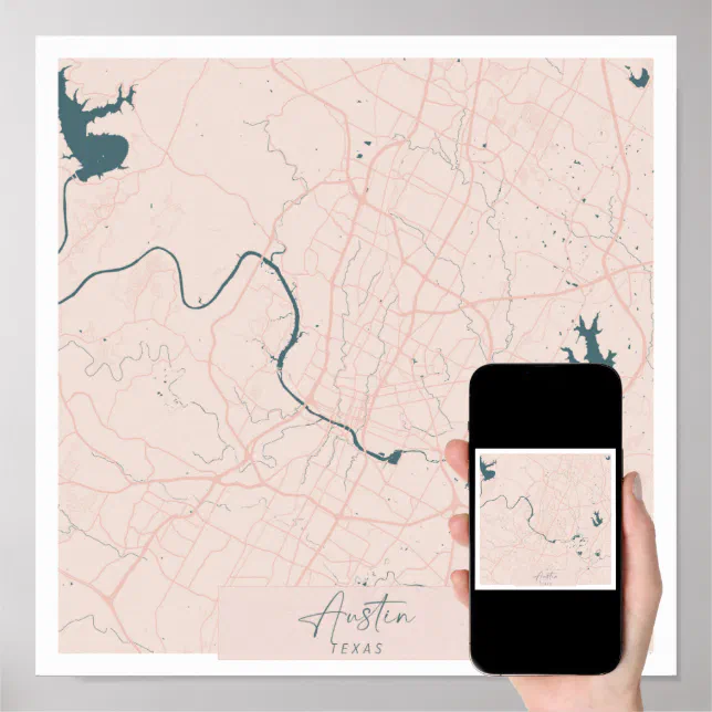 Austin Texas Pink and Blue Cute Script Street Map Poster | Zazzle
