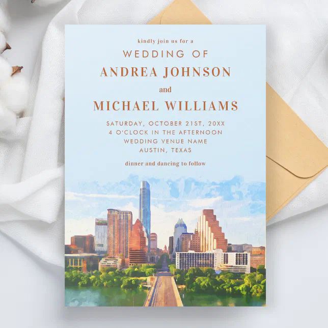 Austin Texas Watercolor City Skyline Wedding Invitation | Zazzle