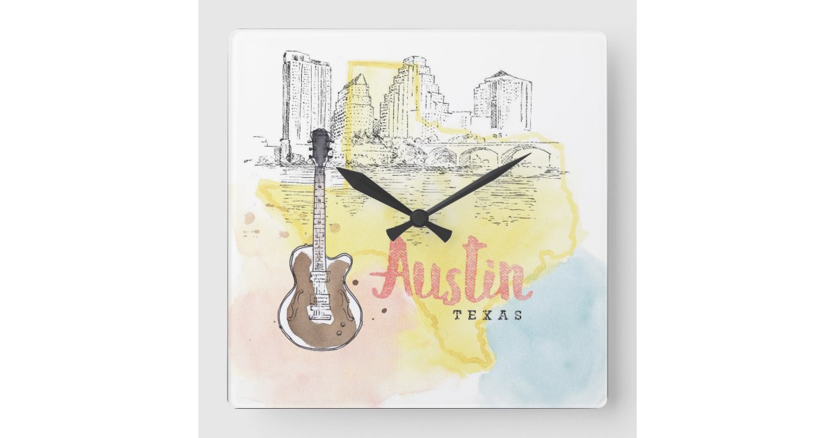 Austin,Texas | Watercolor Sketch Square Wall Clock | Zazzle