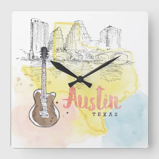 Austin,Texas | Watercolor Sketch Square Wall Clock | Zazzle