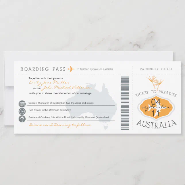 Australia Boarding Pass Wedding Invitation | Zazzle