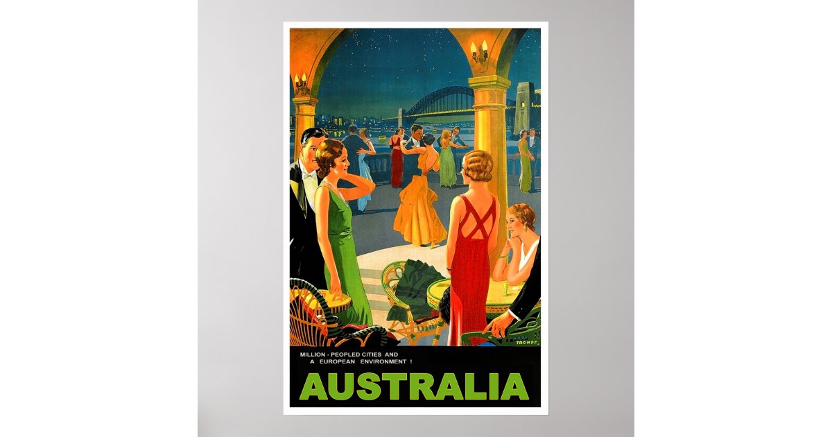 Australia, romantic evening party, vintage travel poster | Zazzle