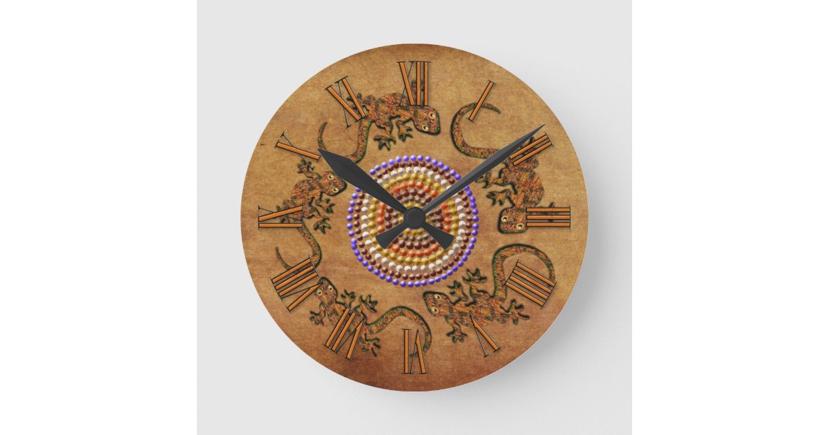 Australian Aboriginal Art with A Circle of Geckos Round Clock | Zazzle