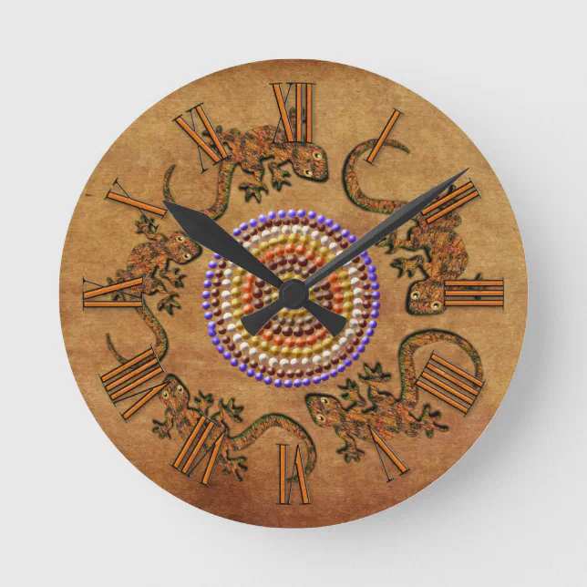 Australian Aboriginal Art with A Circle of Geckos Round Clock | Zazzle