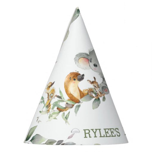 Australian Animal Greenery 1st Birthday Boy Girl Party Hat | Zazzle