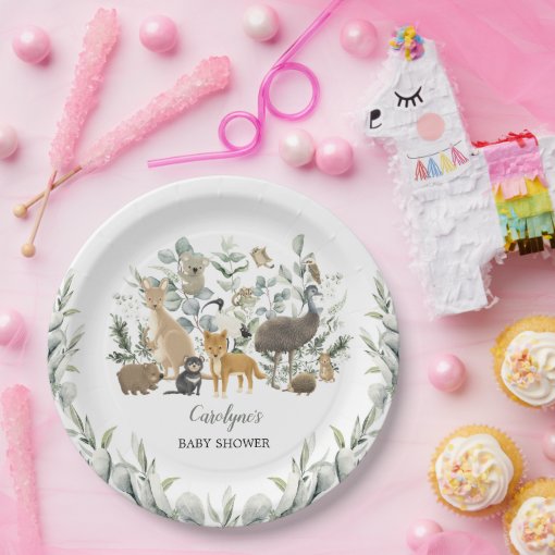 Australian Animals Leafy Eucalyptus Baby Shower Paper Plates | Zazzle