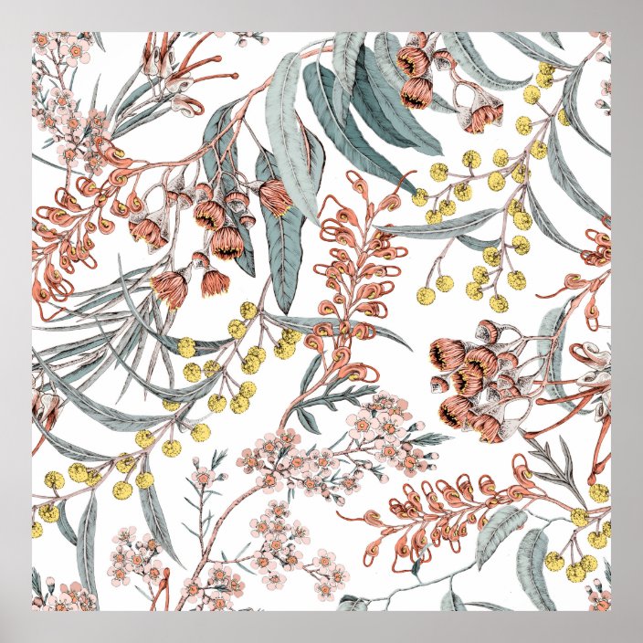 Australian native flowers. Seamless pattern black Poster | Zazzle.com
