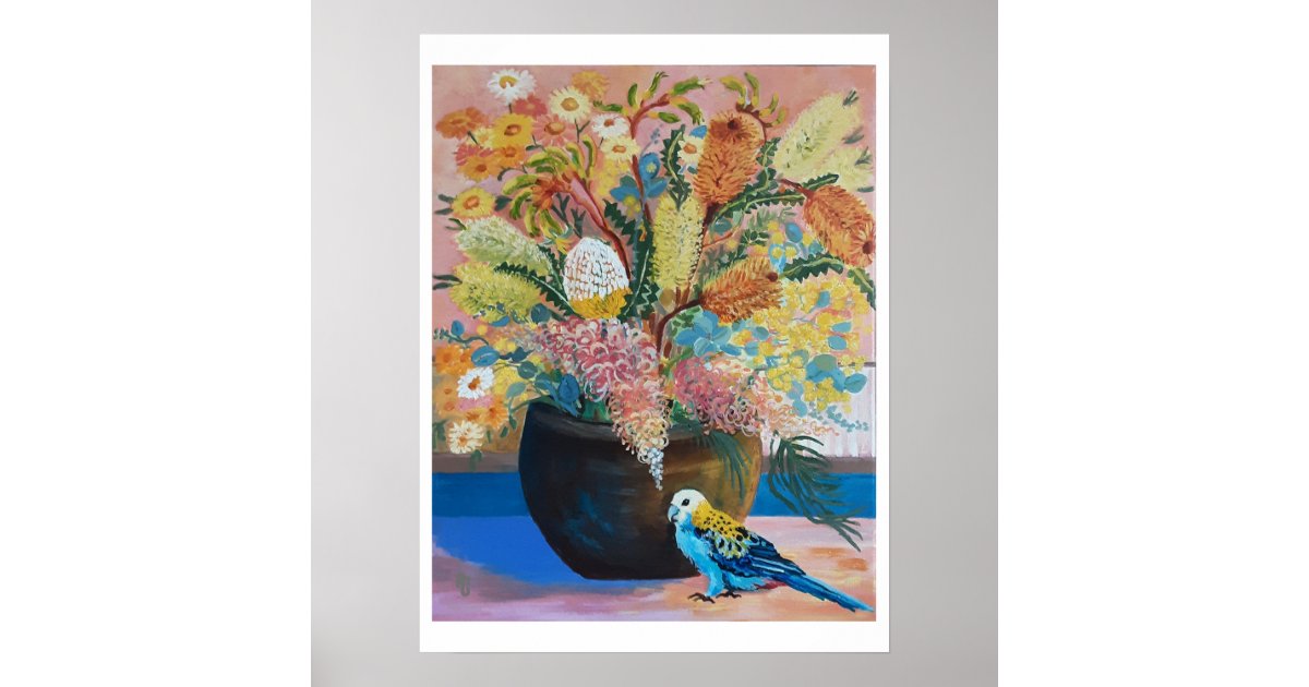 Australian Pale-headed Rosella & wildflowers Poster | Zazzle