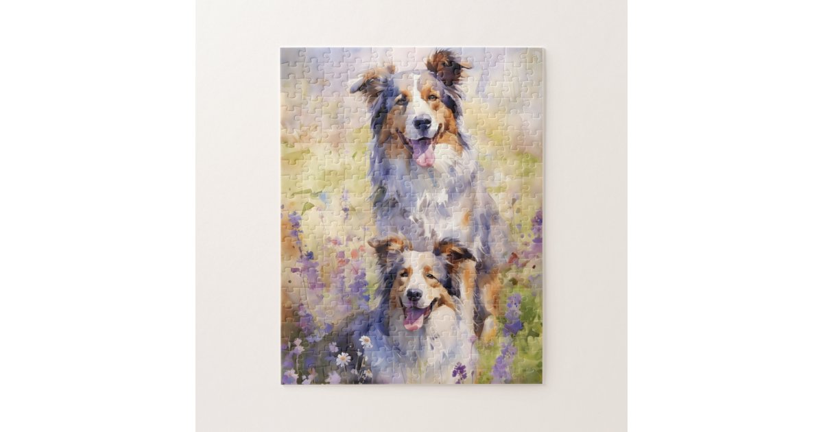 Australian Shepherd colorful watercolor artwork Jigsaw Puzzle | Zazzle