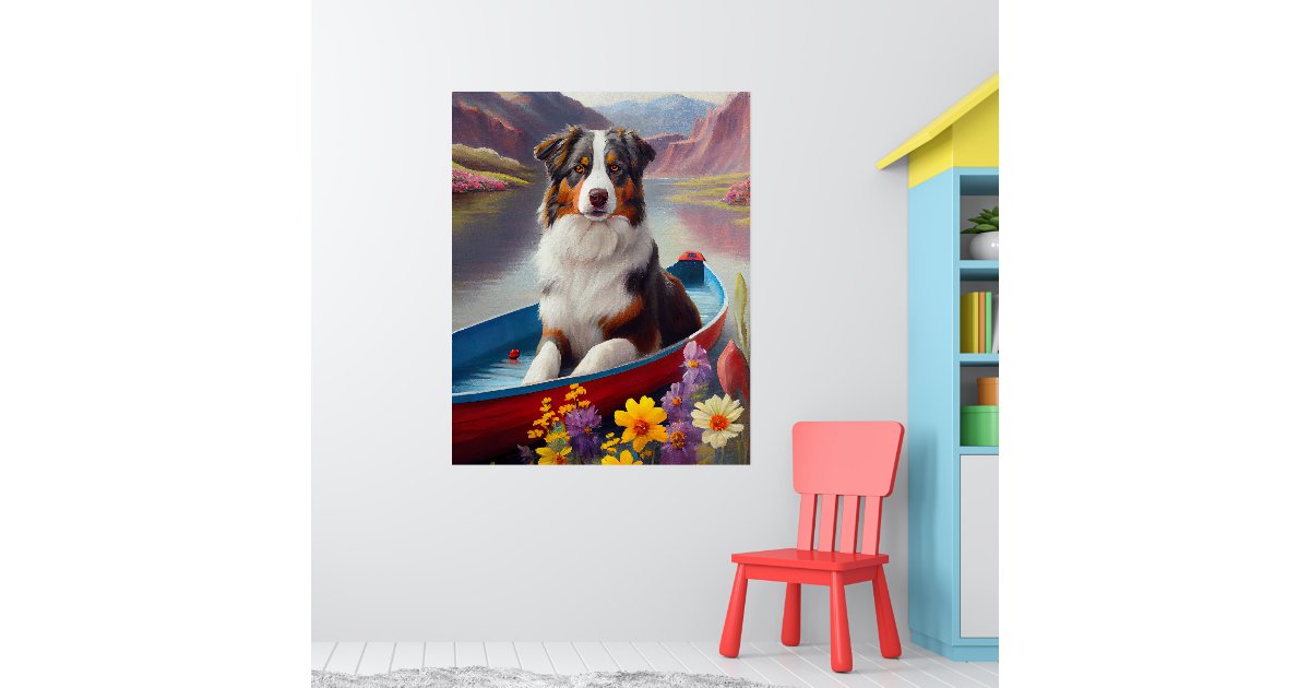Australian Shepherd on Paddle: A Scenic Adventure Poster | Zazzle