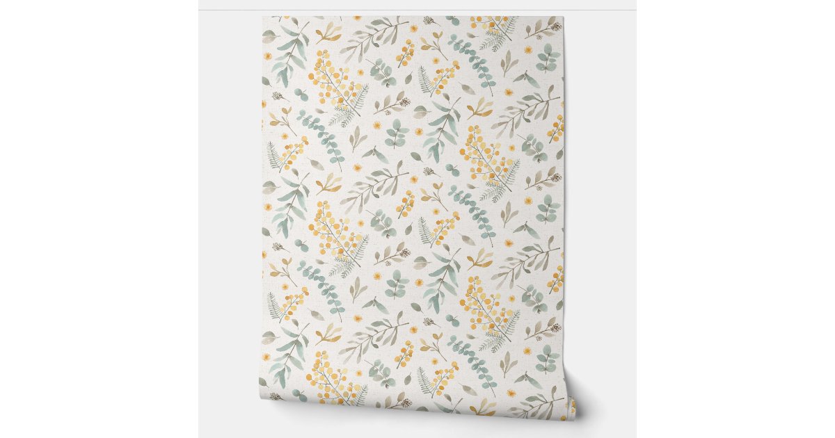 Australian wattle and eucalyptus watercolor floral wallpaper | Zazzle