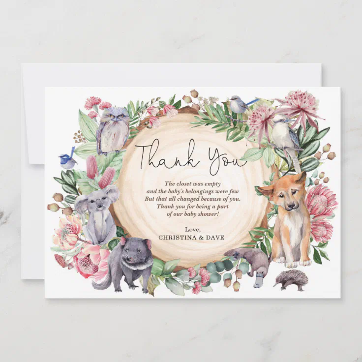 Australian Wildlife Native Animals Greenery Floral Thank You Card | Zazzle