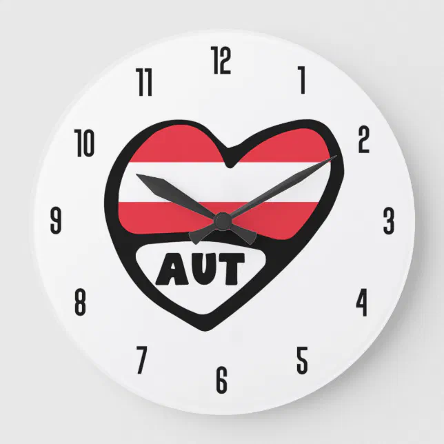 Austria Country Code AUT Flag Heart Large Clock | Zazzle