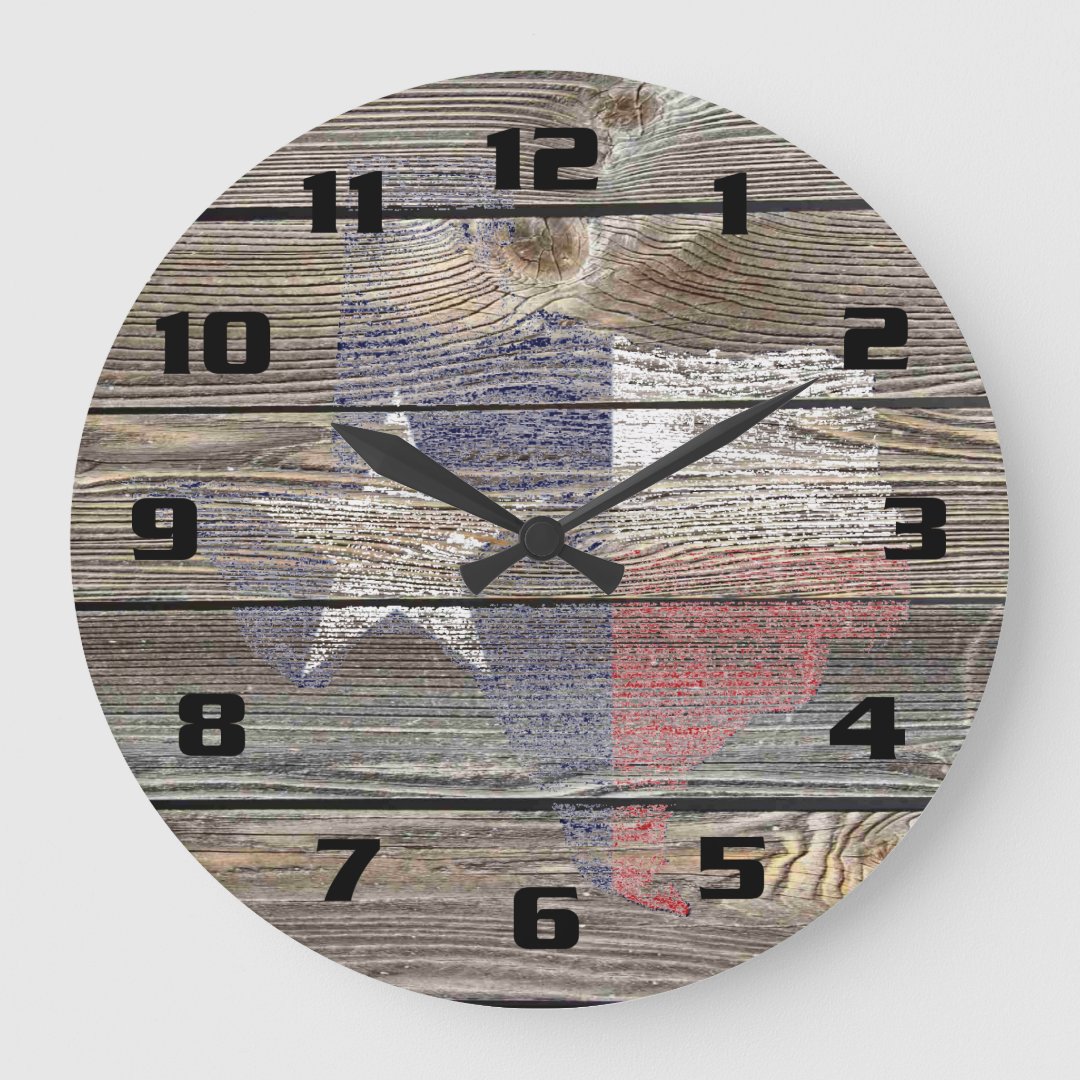 Authentic and Rustic Texas Map and Flag on wood Large Clock | Zazzle