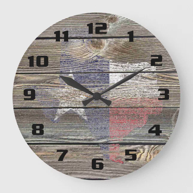 Authentic and Rustic Texas Map and Flag on wood Large Clock | Zazzle