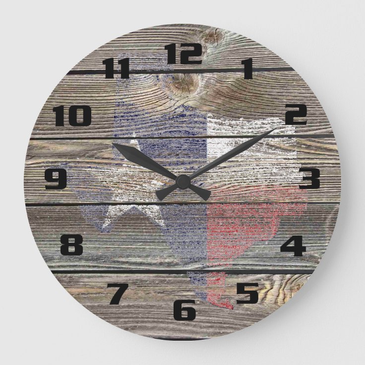 Authentic and Rustic Texas Map and Flag on wood Large Clock | Zazzle