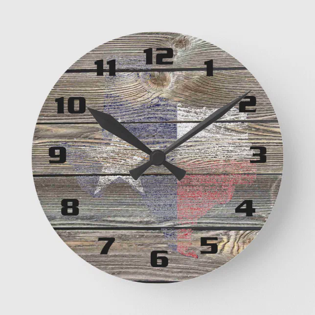 Authentic and Rustic Texas Map and Flag on wood Round Clock | Zazzle