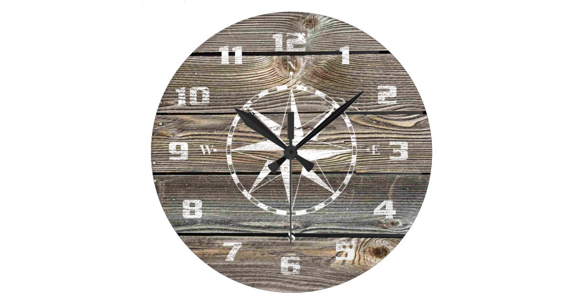 Authentic Looking Wood Rustic Nautical Compass Large Clock