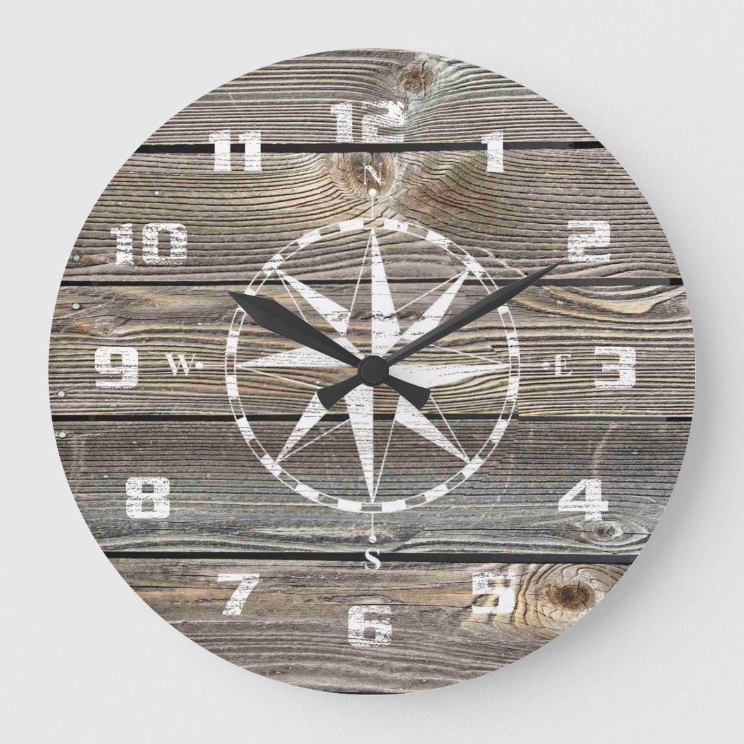 Authentic looking Wood Rustic Nautical Compass Large Clock | Zazzle