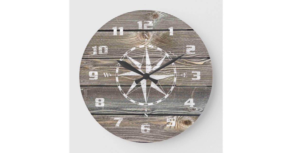 Authentic looking Wood Rustic Nautical Compass Large Clock | Zazzle