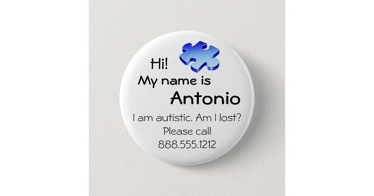 Autism Awareness Button with your name and phone | Zazzle
