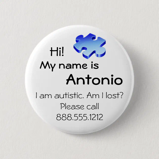 Autism Awareness Button with your name and phone | Zazzle