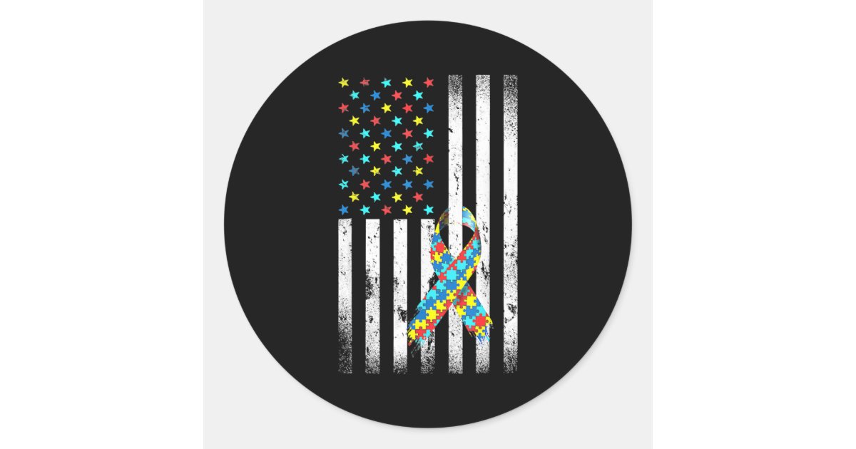 Autism Awareness Distressed American Flag Puzzle Classic Round Sticker ...