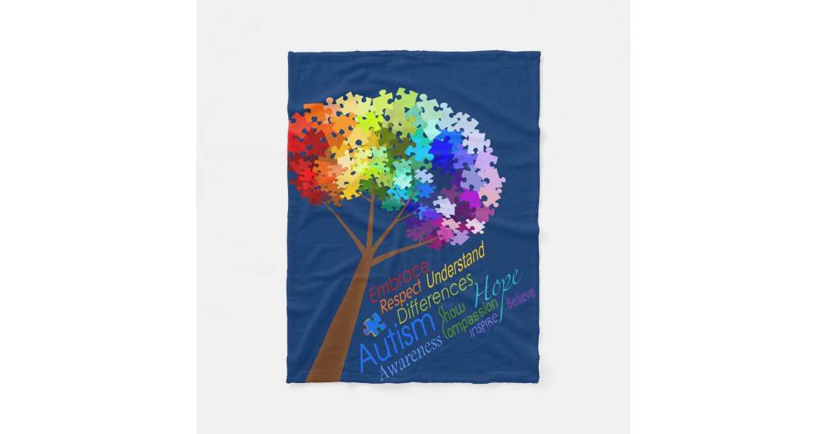 Autism Awareness Puzzle Tree with Words Fleece Blanket | Zazzle