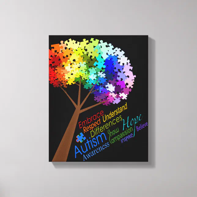 Autism Awareness Rainbow Puzzle Tree with Words Canvas Print | Zazzle