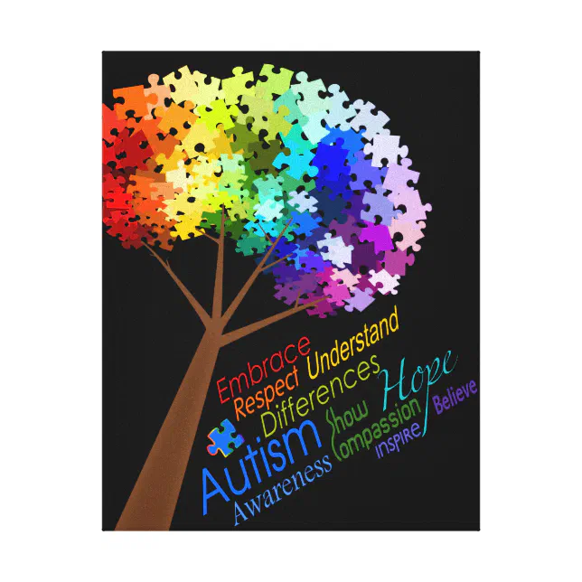 Autism Awareness Rainbow Puzzle Tree with Words Canvas Print | Zazzle