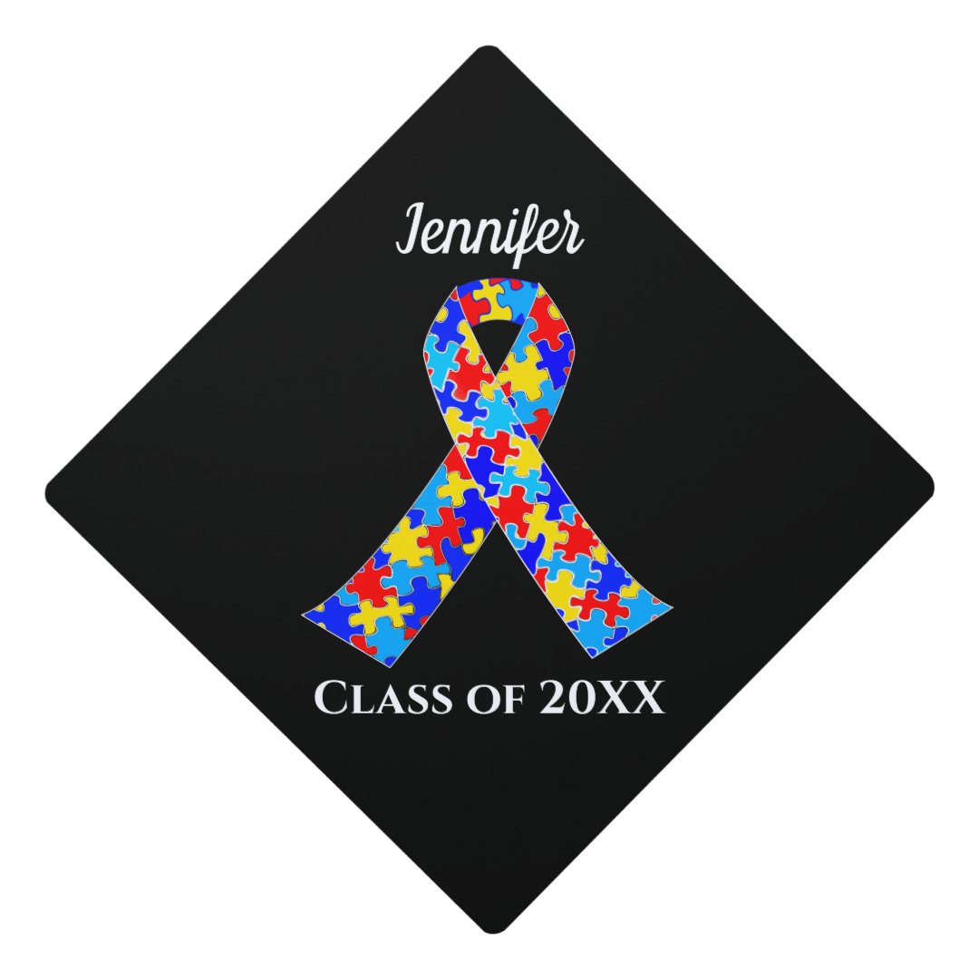 Autism Awareness Ribbon Custom Class Name Black Graduation Cap Topper ...
