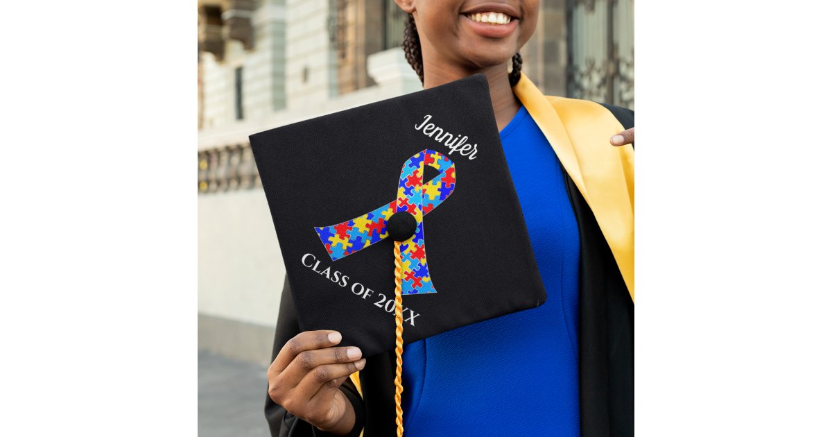 Autism Awareness Ribbon Custom Class Name Black Graduation Cap Topper ...