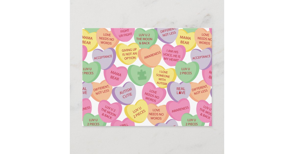 Autism Awareness Valentine Heart Candy Sayings Holiday Postcard ...