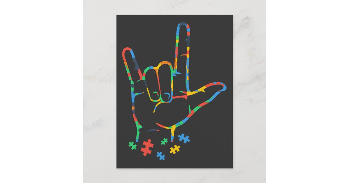 Autism Colorful Puzzle ASL Hand Sign Language Postcard | Zazzle
