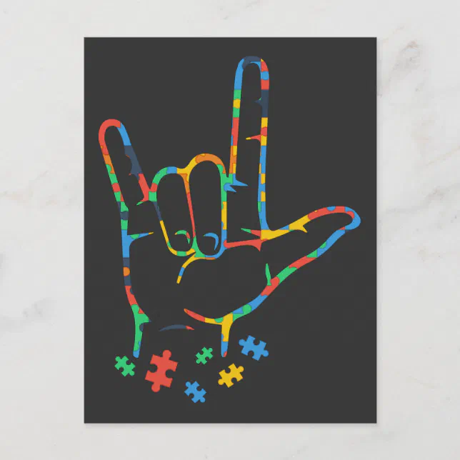 Autism Colorful Puzzle ASL Hand Sign Language Postcard | Zazzle