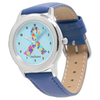 Autism Ribbon Blue Custom Kids Watch | Zazzle