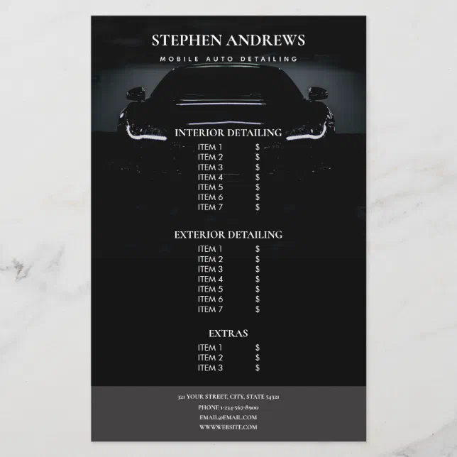 Auto Detailing Car Cleaning Repair Price List Flyer | Zazzle