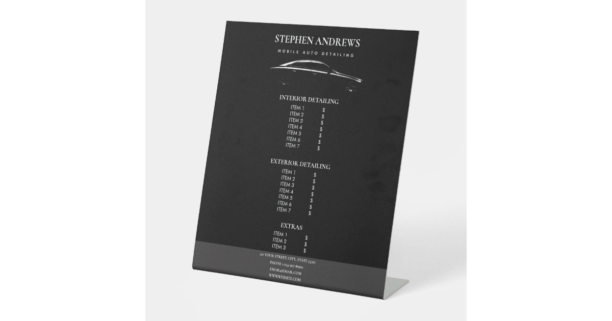 Auto Detailing Cleaning Auto Repair Price List Pedestal Sign | Zazzle