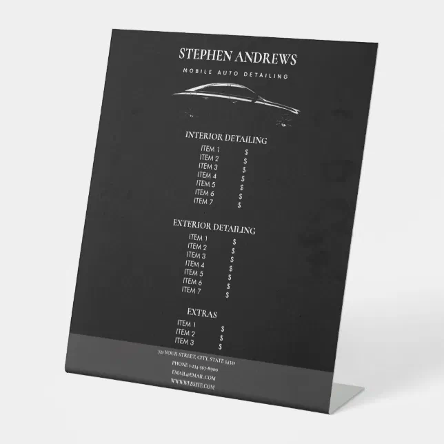 Auto Detailing Cleaning Auto Repair Price List Pedestal Sign | Zazzle