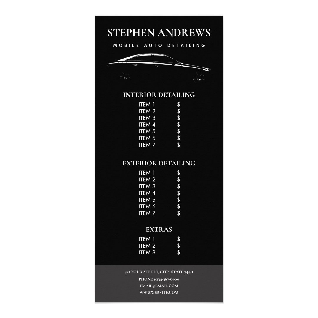 Auto Detailing Cleaning Auto Repair Price List Rack Card | Zazzle