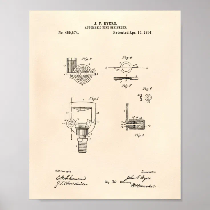 Automatic Fire Sprinkler 1891 Patent - Old Peper Poster | Zazzle