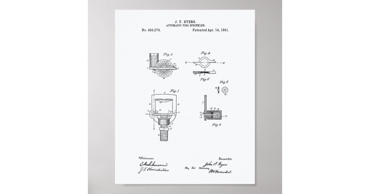 Automatic Fire Sprinkler 1891 Patent - White Paper Poster | Zazzle