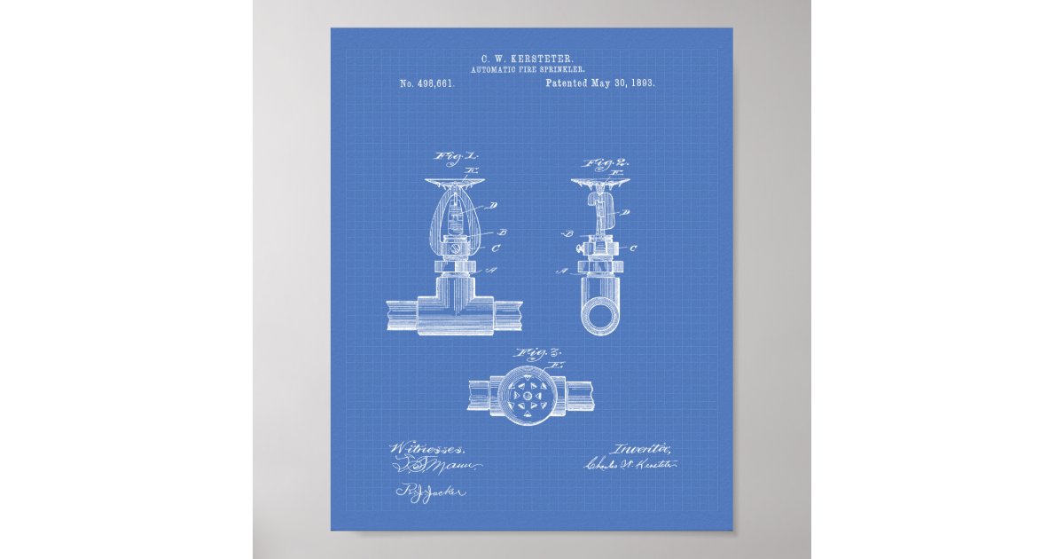 Automatic Fire Sprinkler 1893 Patent - Blueprint Poster | Zazzle