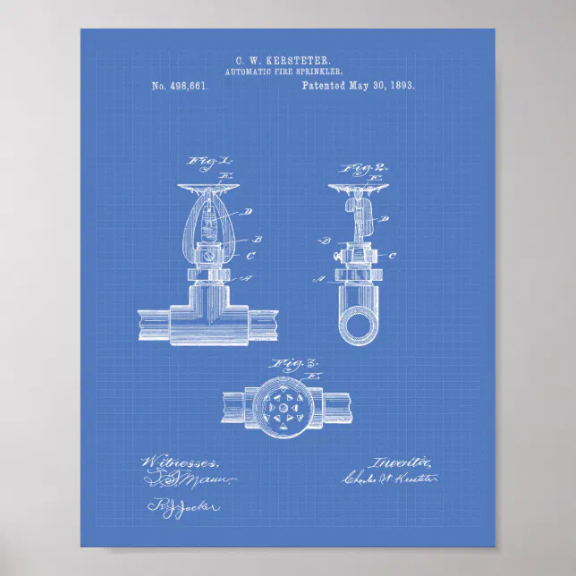 Automatic Fire Sprinkler 1893 Patent - Blueprint Poster | Zazzle