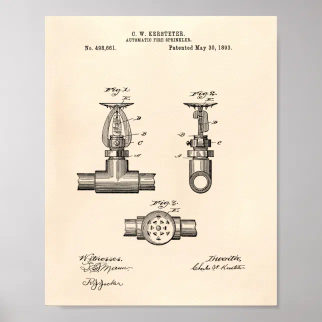 Automatic Fire Sprinkler 1893 Patent - Old Peper Poster | Zazzle