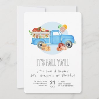 Autumn 1st Birthday Pumpkin Blue Truck Invitation | Zazzle