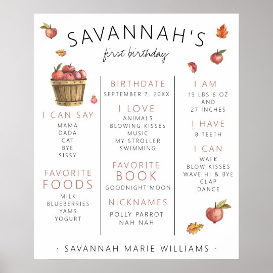 Autumn Apples First Birthday Milestone Poster | Zazzle.com