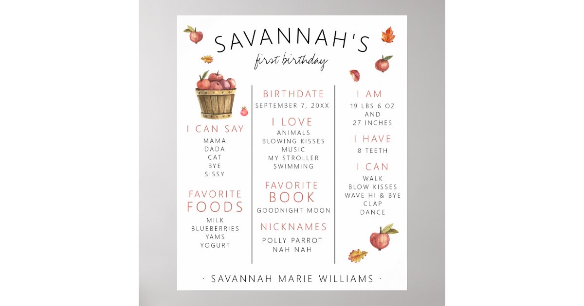 Autumn Apples First Birthday Milestone Poster | Zazzle
