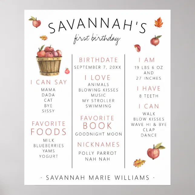 Autumn Apples First Birthday Milestone Poster | Zazzle
