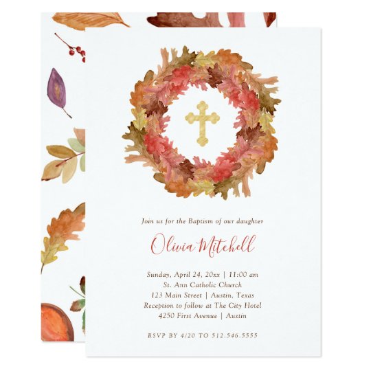 Autumn Baptism | Fall Leaves and Gold Cross Invitation | Zazzle.com
